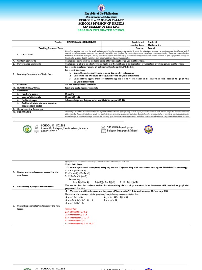 DLL Math 10 Q2 D3 | PDF | Learning | Teachers