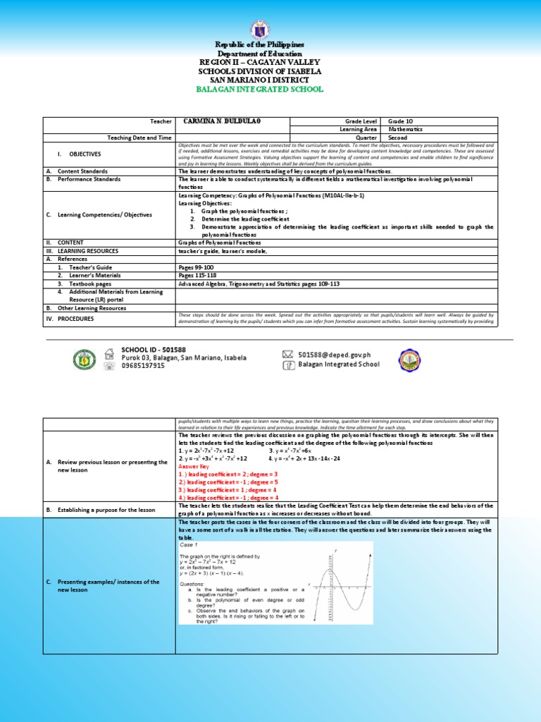 DLL Math 10 Q2 D5 | PDF | Teachers | Learning