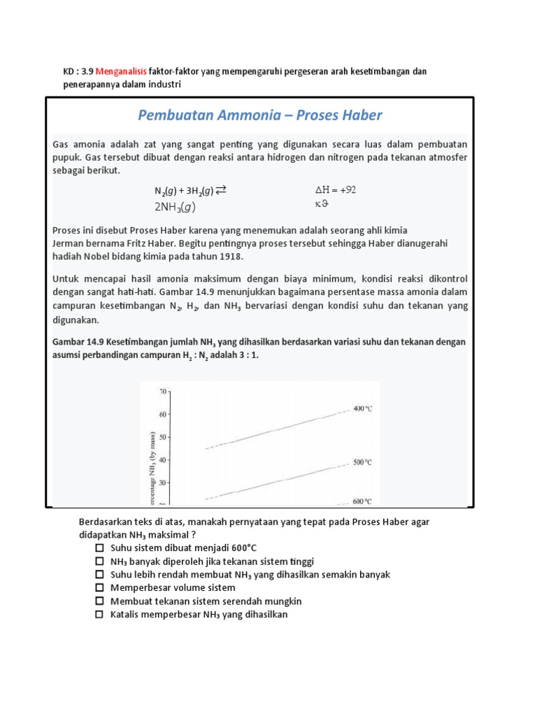 Proses Haber - Faktor Tekanan dan Suhu untuk Mendapatkan NH3 Maksimum | PDF