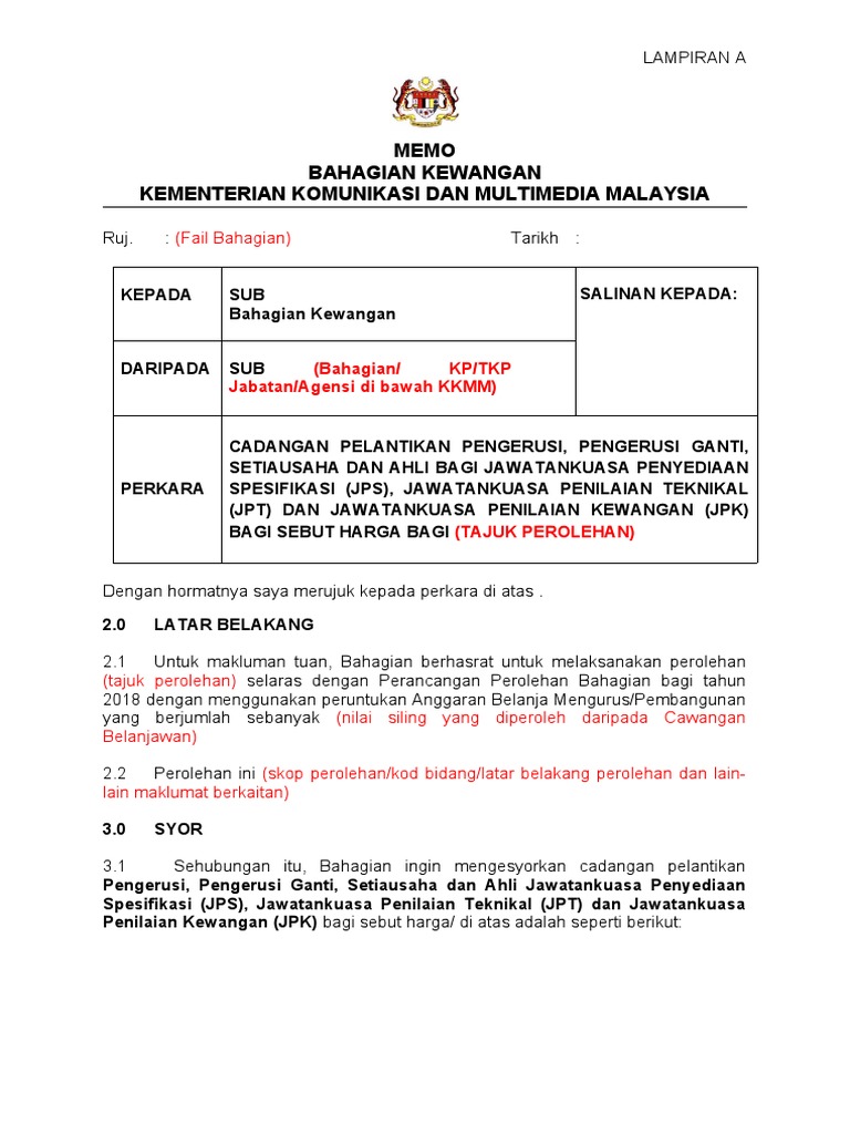 Contoh Memo Permohonan Perolehan Sebut Harga | PDF