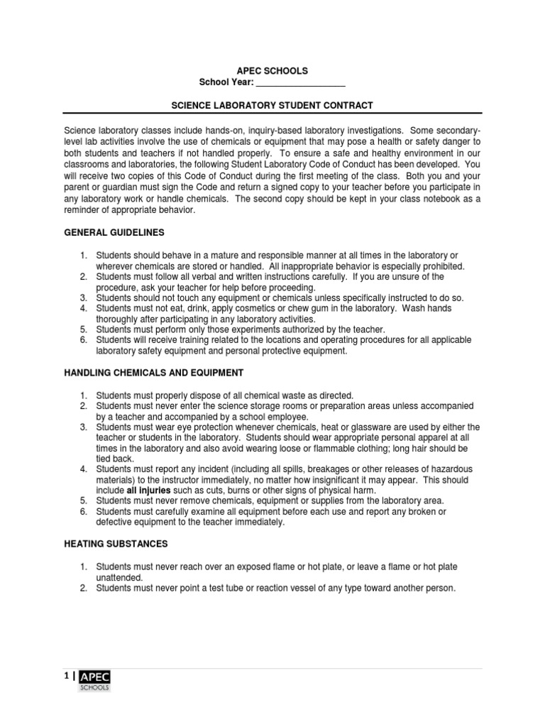Science Laboratory Safety Contract | PDF | Laboratories | Teachers