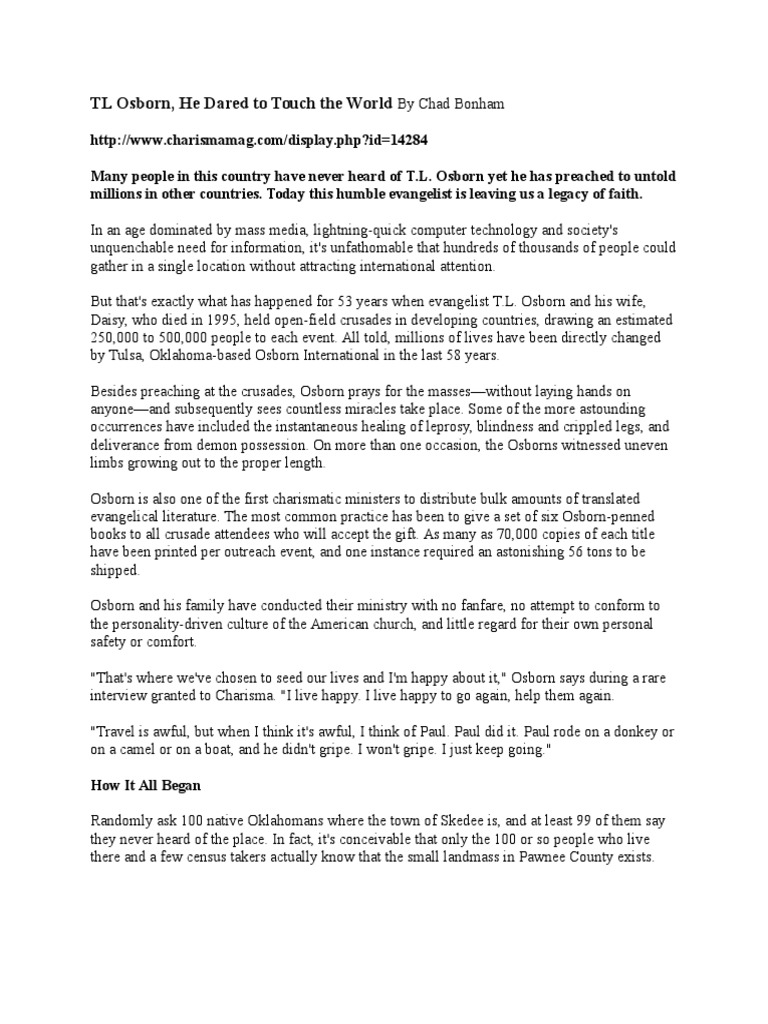 TL Osborn He Dared To Touch The World by Chad Bonham | PDF | Jesus ...