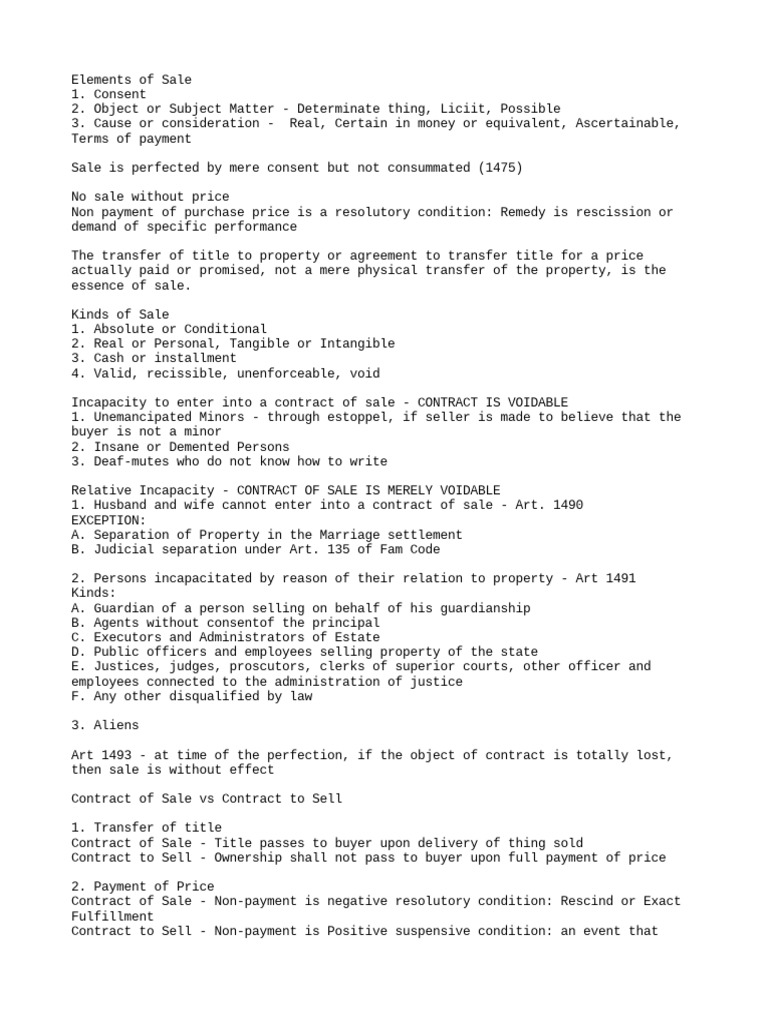 Elements and Types of Sale: Consent, Consideration, Capacity, and the Distinction between ...