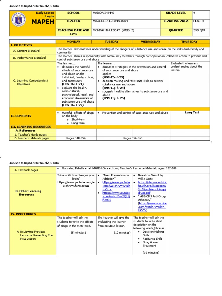 q2 Grade 9 Health DLL 2 1 PDF | PDF | Substance Abuse | Teachers