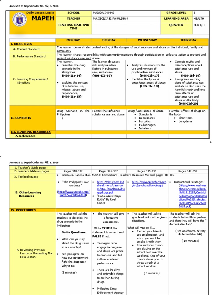q2 Grade 9 Health DLL 2 2 PDF | PDF | Substance Abuse | Teachers