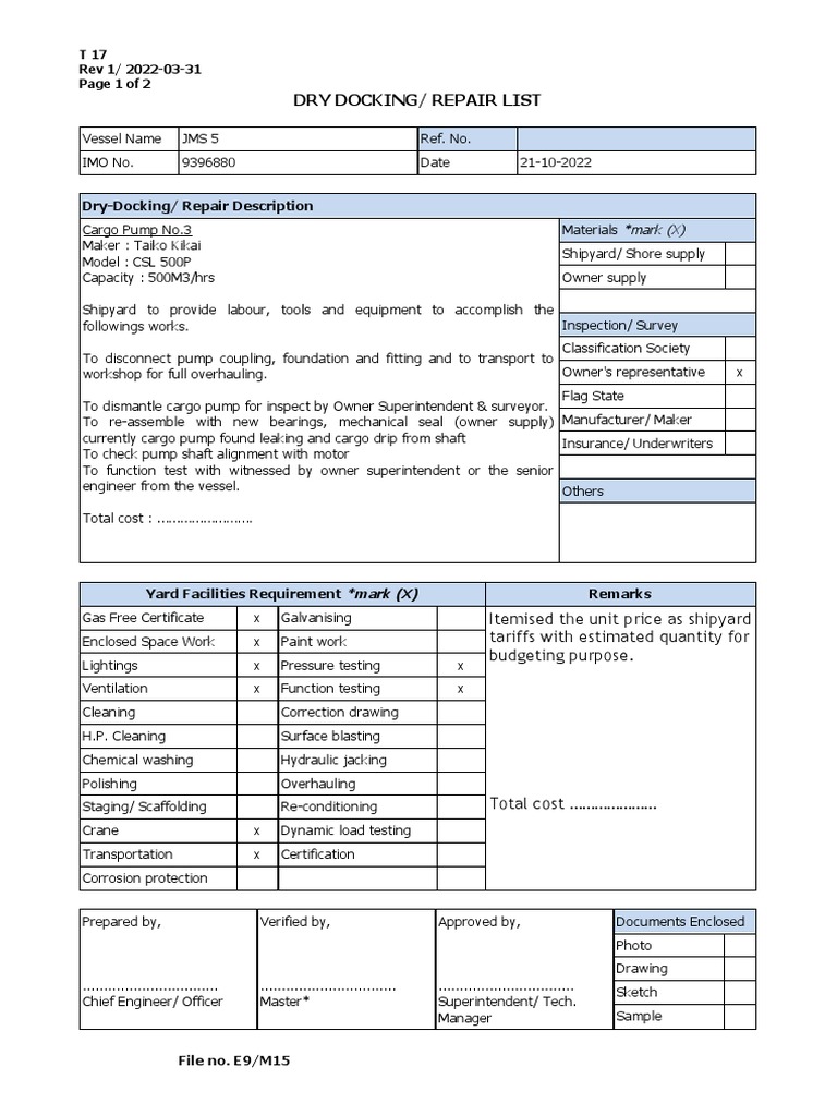 JMS 5 Dry Docking Repair Checklist | PDF | Pump | Manufactured Goods