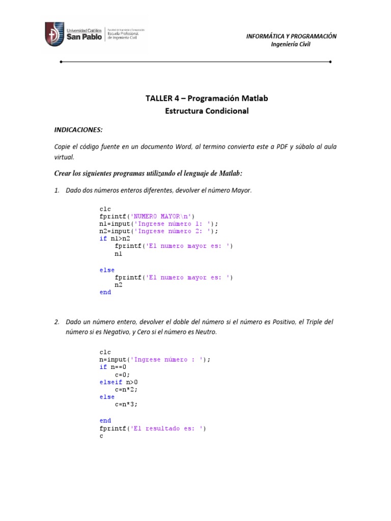 TALLER 4 - Programacion - MATLAB - Estructura Condicional - SOLUCION | PDF | Tecnología e ingeniería