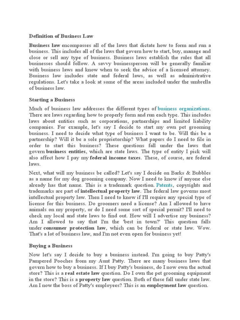 Definition Of Business Law Pdf Business Employment