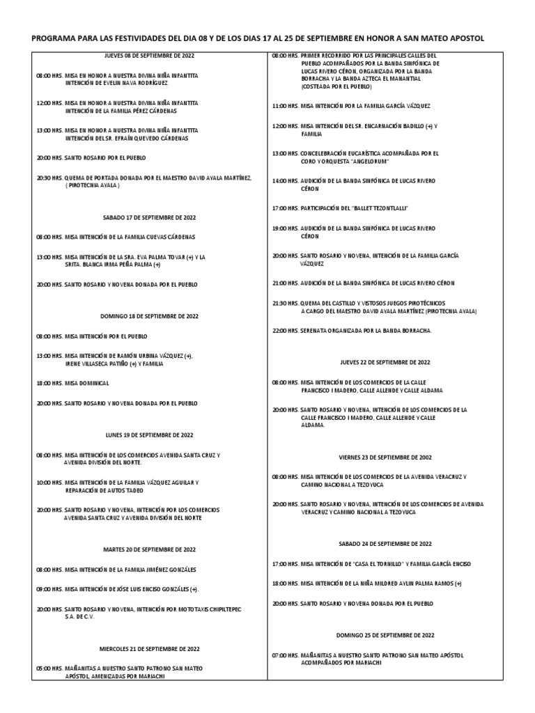 Fiestas de San Mateo: Programa Septiembre | PDF | Cristianismo occidental | Misa (liturgia)