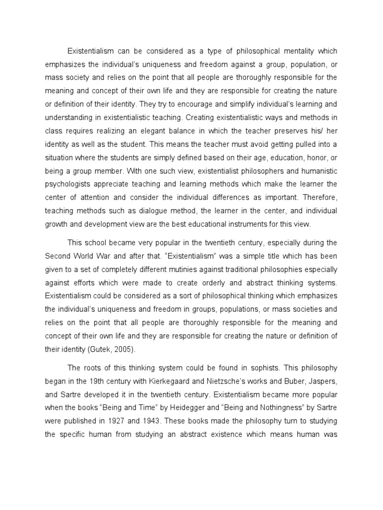 Existentialism in Education | PDF | Existentialism | Cognitive Psychology