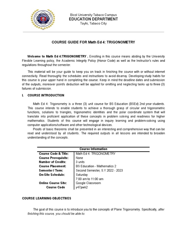Trigonometry Course Guide for BSEd Students | PDF | Trigonometric Functions