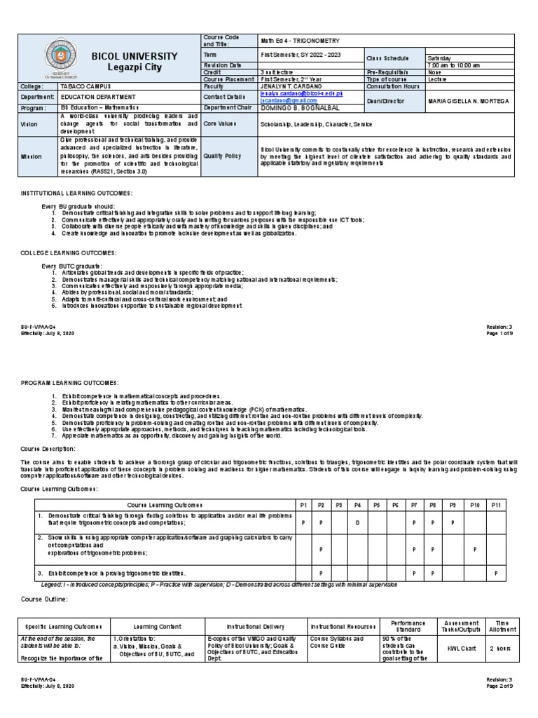 Course Syllabus-Trigonometry S.Y. 2022 - 2023 | PDF | Trigonometric ...
