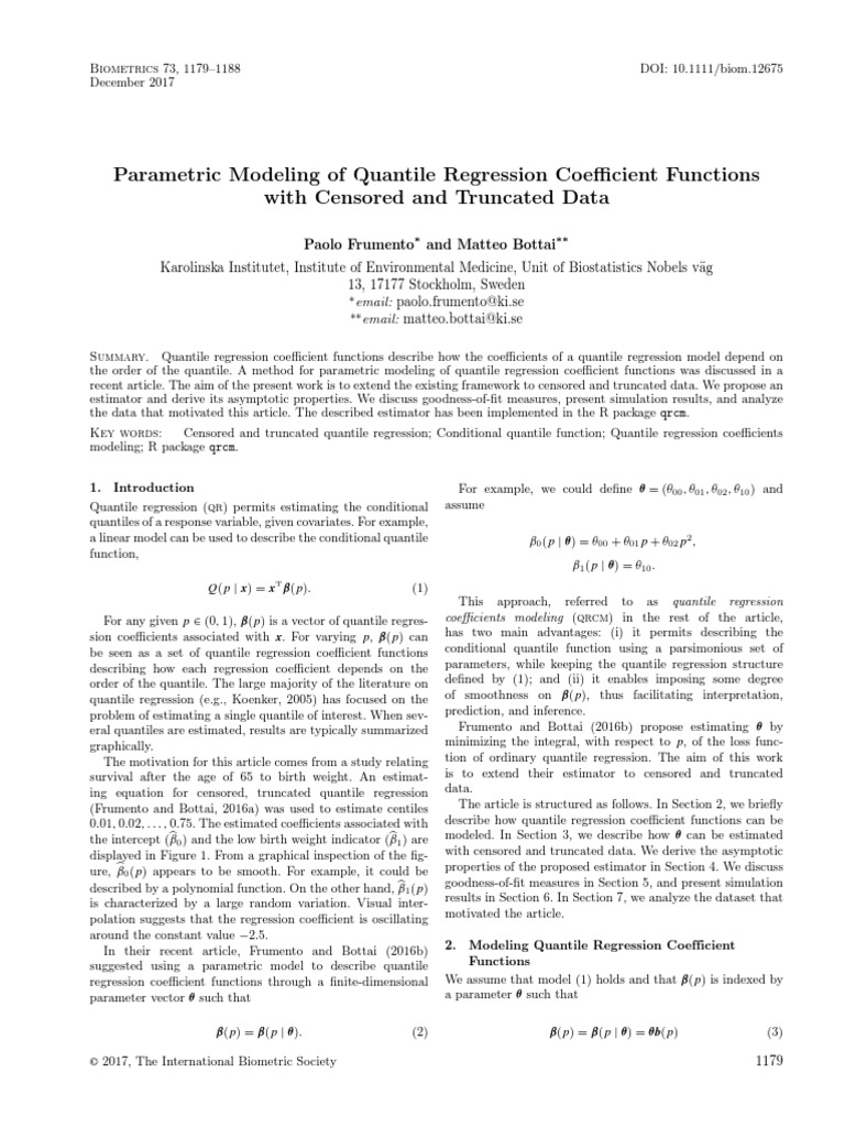 Parametric Quantile Regression Censored Truncated Data Biometrics 2017 | PDF | Linear Regression ...