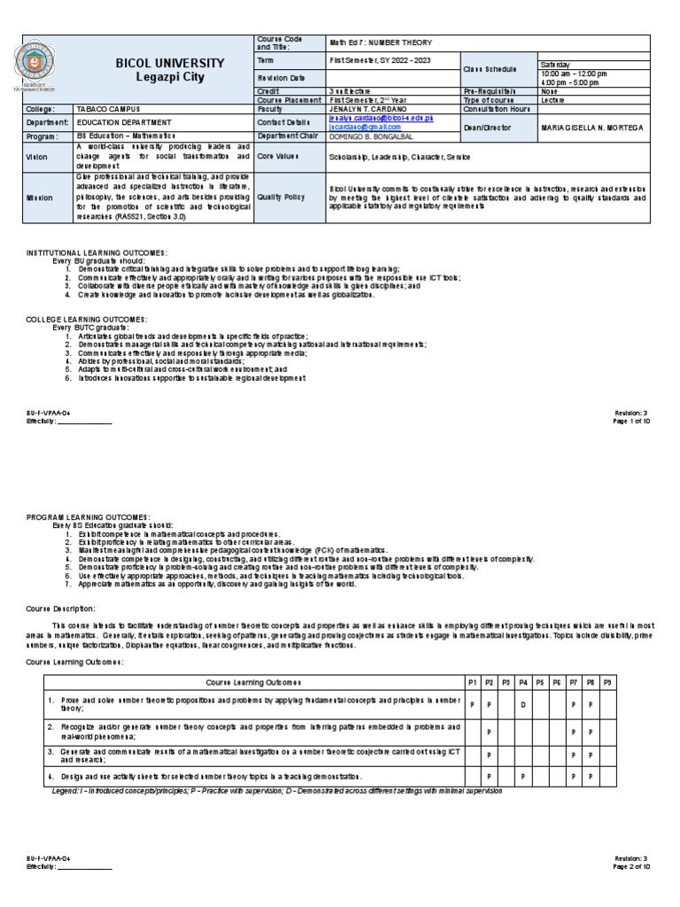 Number Theory Course Syllabus S.Y 2022-2023 | PDF | Number Theory | Mathematics