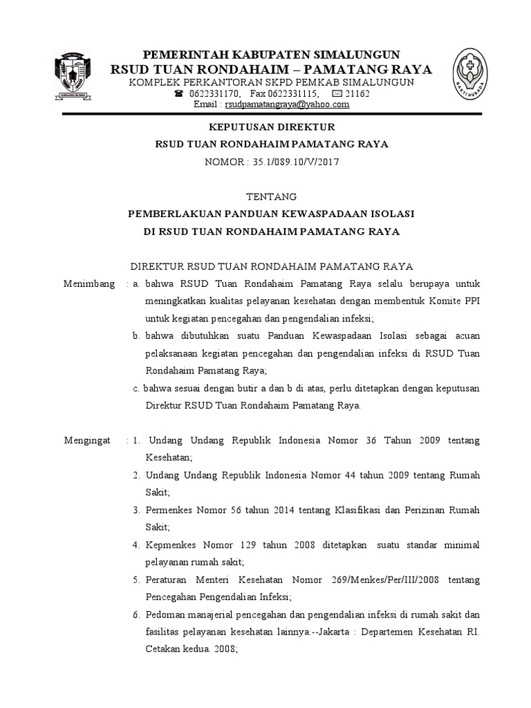 SK Pemberlakuan Pedoman Kewaspadaan Isolasi | PDF