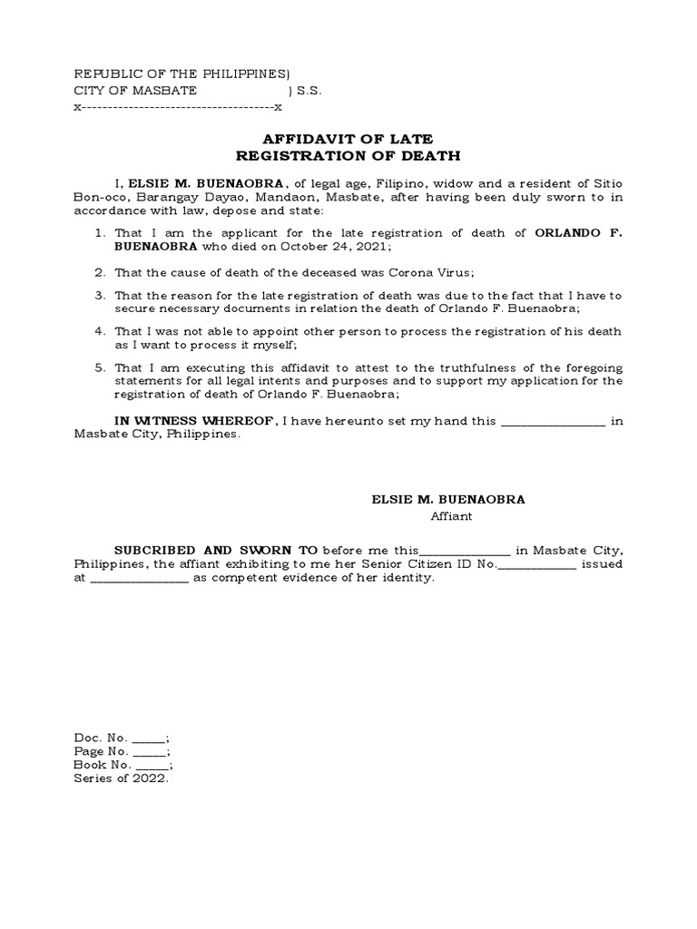 Affidavit for Delayed Death Registration | PDF