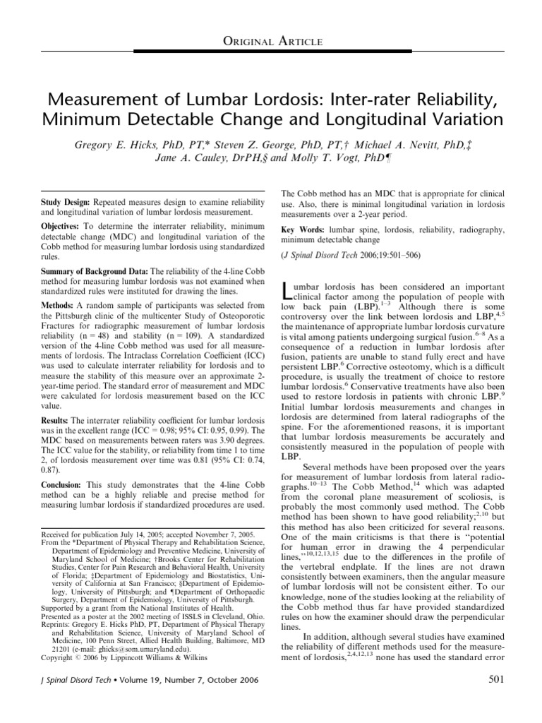 Measurement of Lumbar Lordosis - Inter-Rater Reliability, Minimum Detectable Change and ...