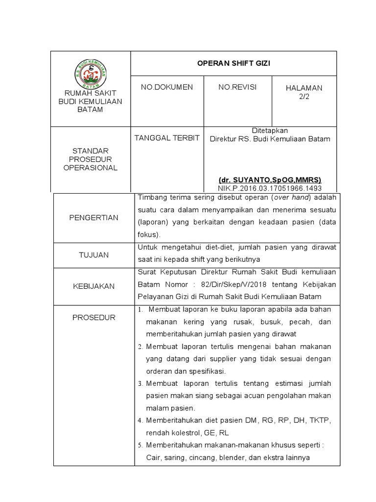 Spo Operan Jaga Instalasi Gizi | PDF