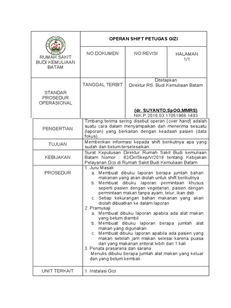 Spo Operan Shift Pelaksana Instalasi Gizi | PDF