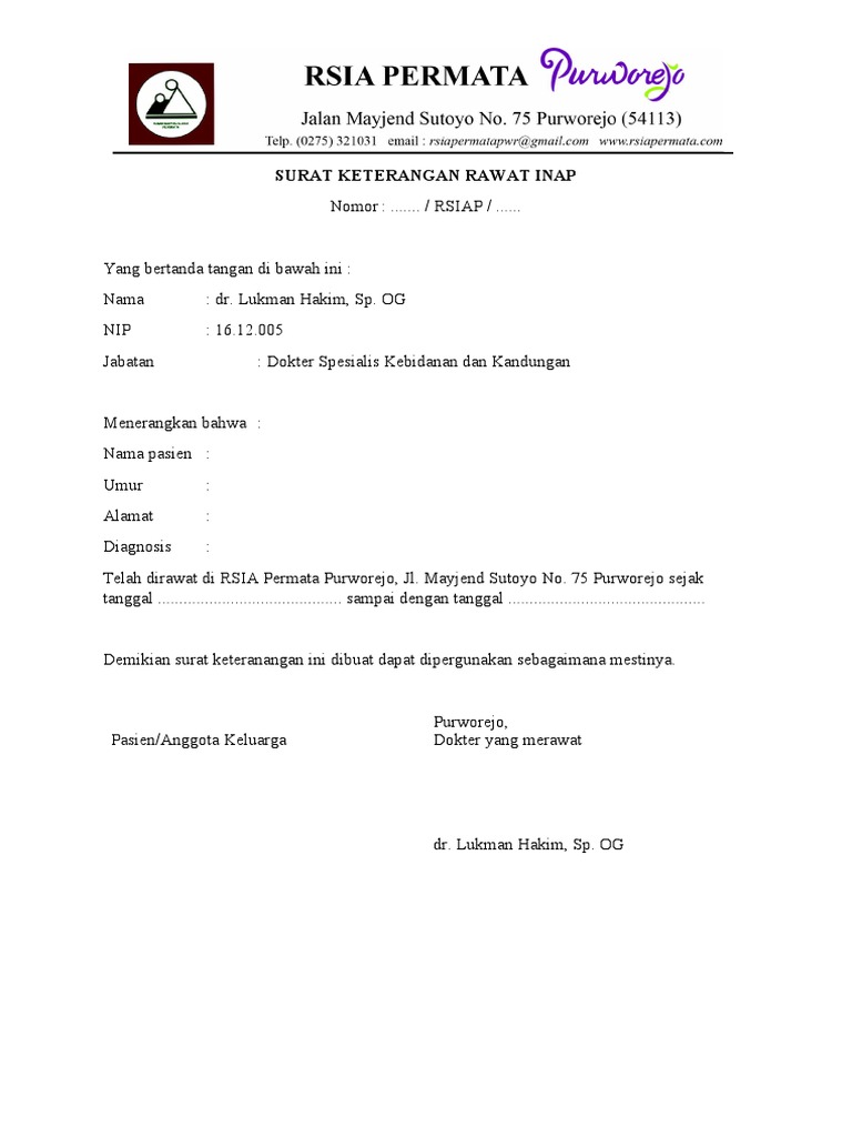 Form Surat Keterangan Rawat Inap Dr. L | PDF
