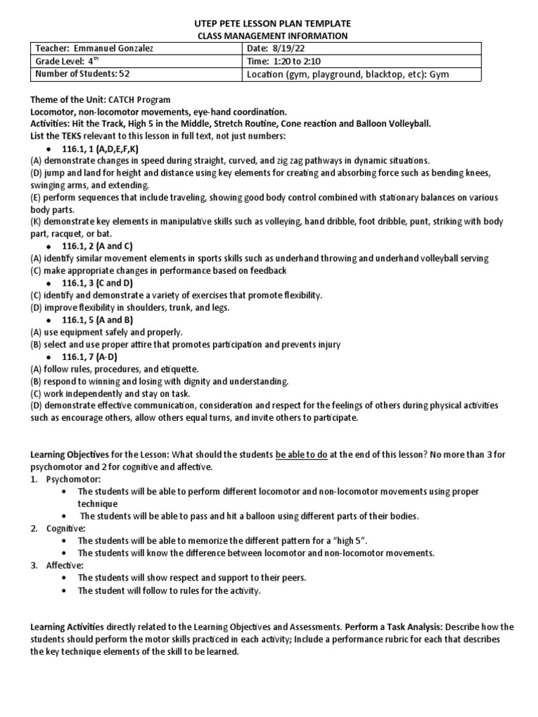 Observation 1 Lesson Plan Pdf Volleyball Learning