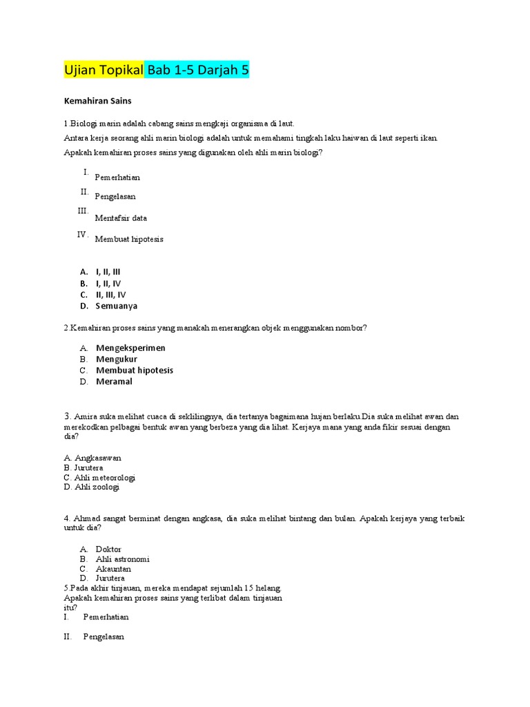 Ujian Topikal Sains D5 Bab 1 5 Pdf Perjalanan Sains Matematika
