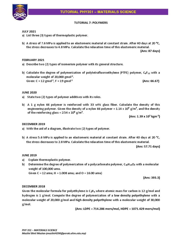Phy351 Tutorial 7 | PDF | Polyethylene | Thermoplastic