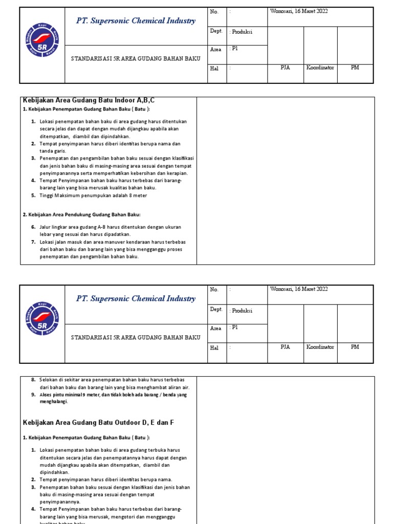 Standarisasi Kebijakan 5R Area Gudang Bahan Baku | PDF