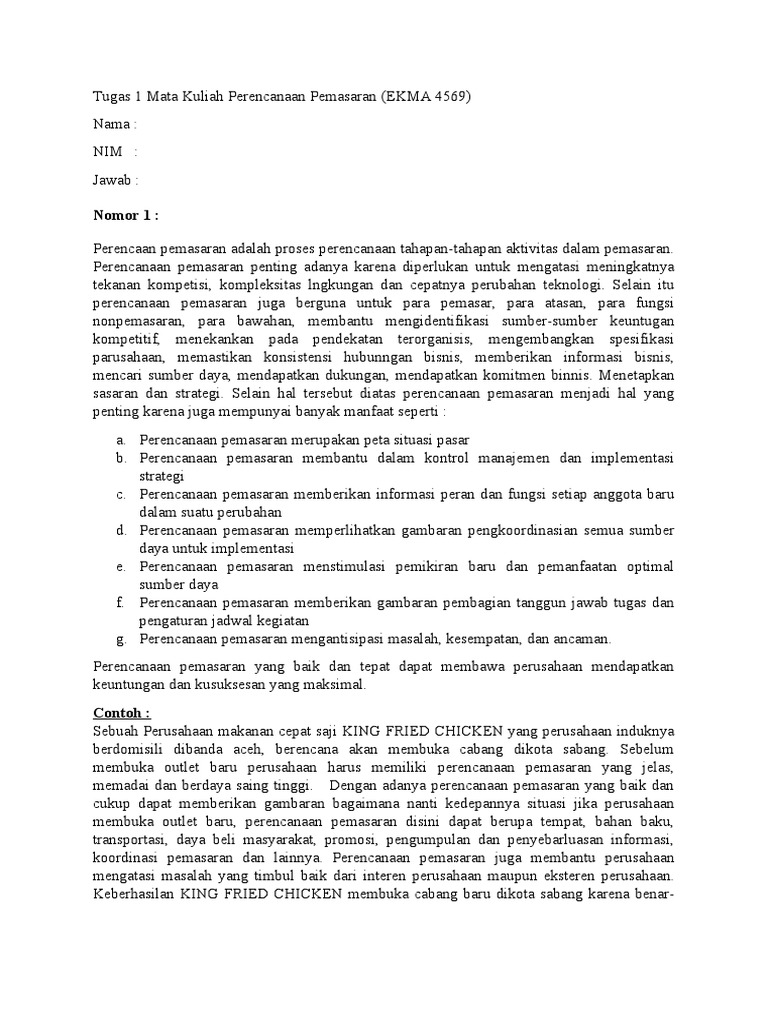 TUGAS 1 - Perencanaan Pemasaran - EKMA4569 | PDF