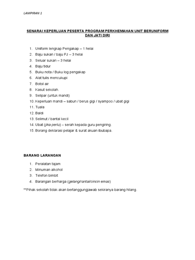 Senarai Keperluan Peserta Perkhemahan Pengakap SKGN 2022 | PDF