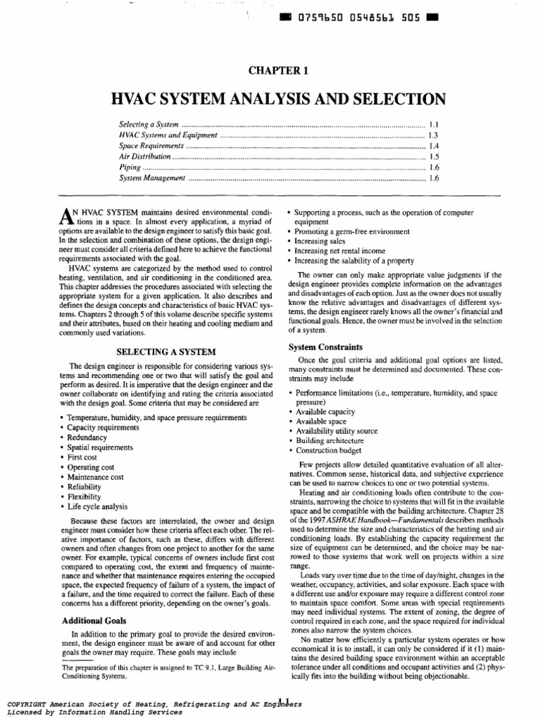 ASHRAE CH 01 (HVAC System and Selection) | PDF | Duct (Flow) | Water ...