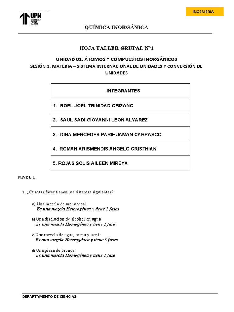 S01-Hoja Taller Grupal - 1 | PDF | Mezcla | Fase (materia)