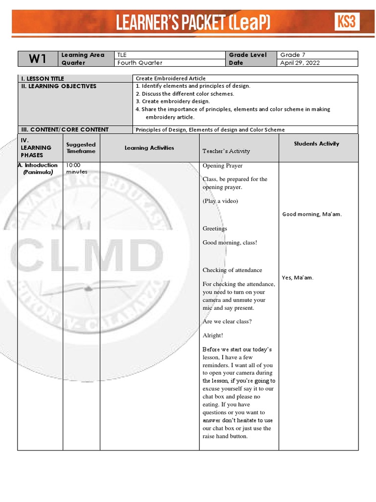 Lesson Plan in Creating Embroidered Article (Handicrafts) | PDF | Color ...