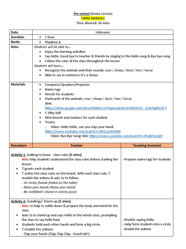 Farm Animals Lesson Plan for Preschool | PDF | Flashcard | Cognition