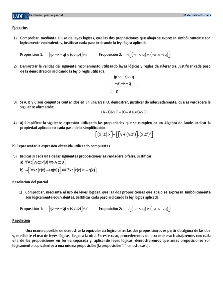 Primer Parcial Matematica Discreta Pdf Proposición Prueba Matemática