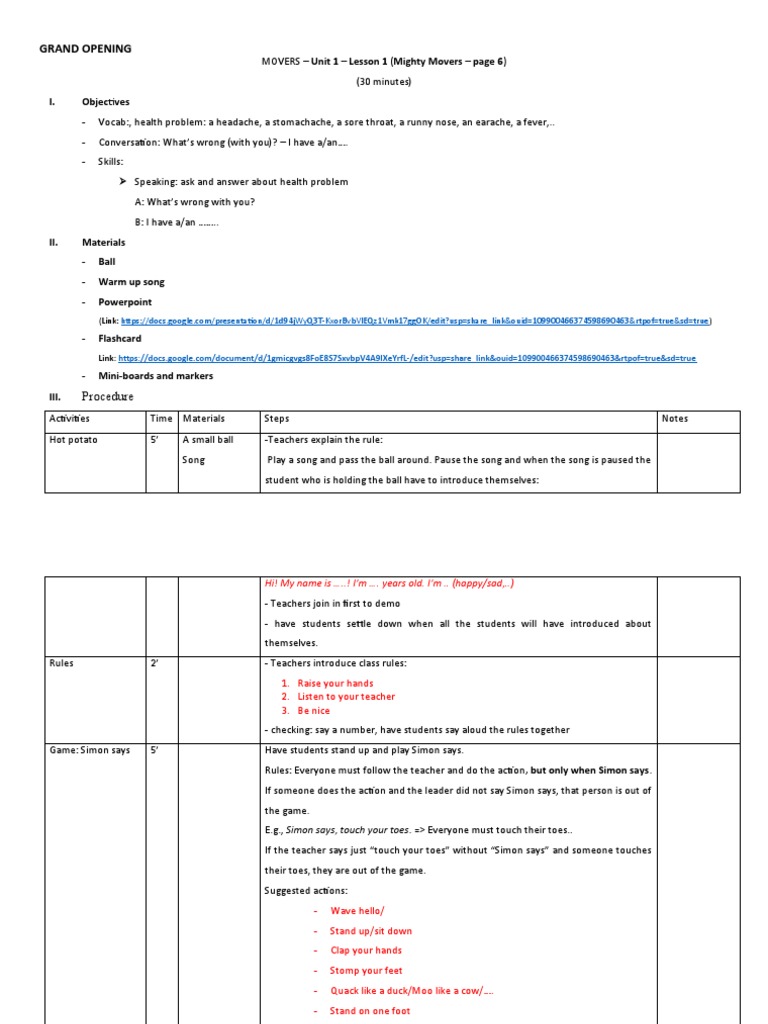 Lesson Plan - Grand Opening - YLE | PDF | Cognition | Linguistics
