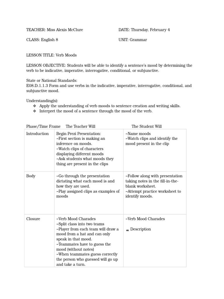 Verb Moods Lesson for Identifying Sentence Mood | PDF | Verb | English ...