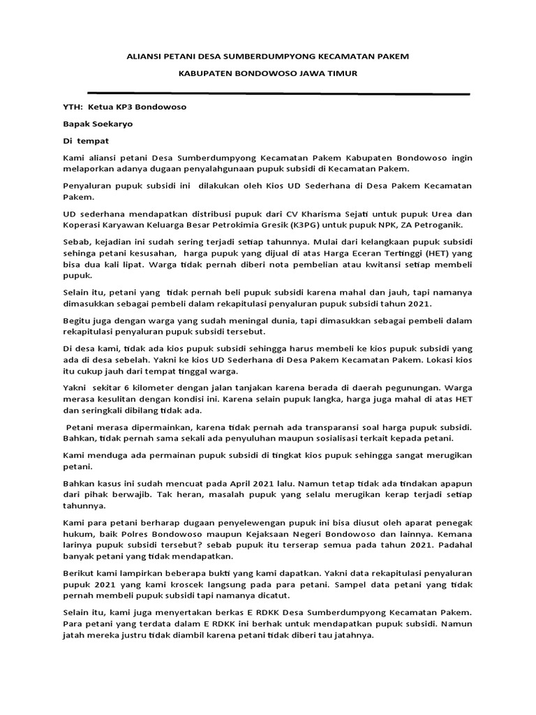 Aliansi Petani Desa Sumberdumpyong Kecamatan Pakem | PDF