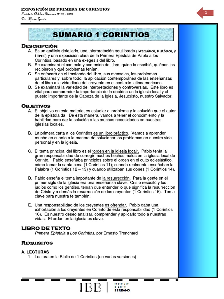 SUMARIO Exposicion 1 Corintios | PDF | Primera epístola a los corintios | Pablo el apóstol