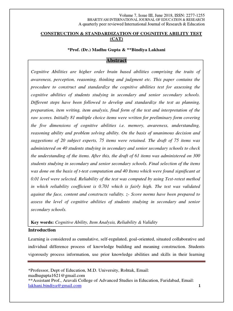 Construction & Standardization of Cognitive Ability Test (CAT) Prof ...