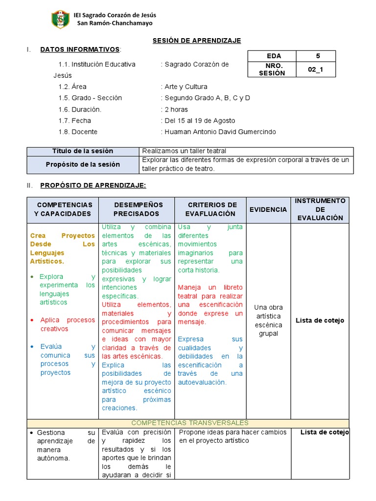Segundo Grado A, B, C y D - Arte y Cultura - Sesion de Aprendizaje 2.1 - Huaman Antonio David G ...
