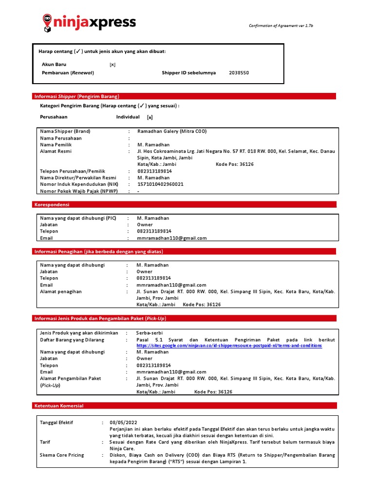 M. Ramadhan Shipper Contract - Ninja Xpress | PDF | Bisnis ...