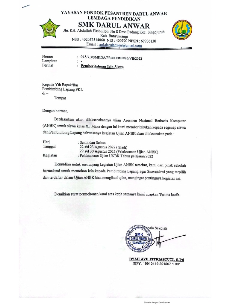 Scan Surat Izin Peserta ANBK | PDF