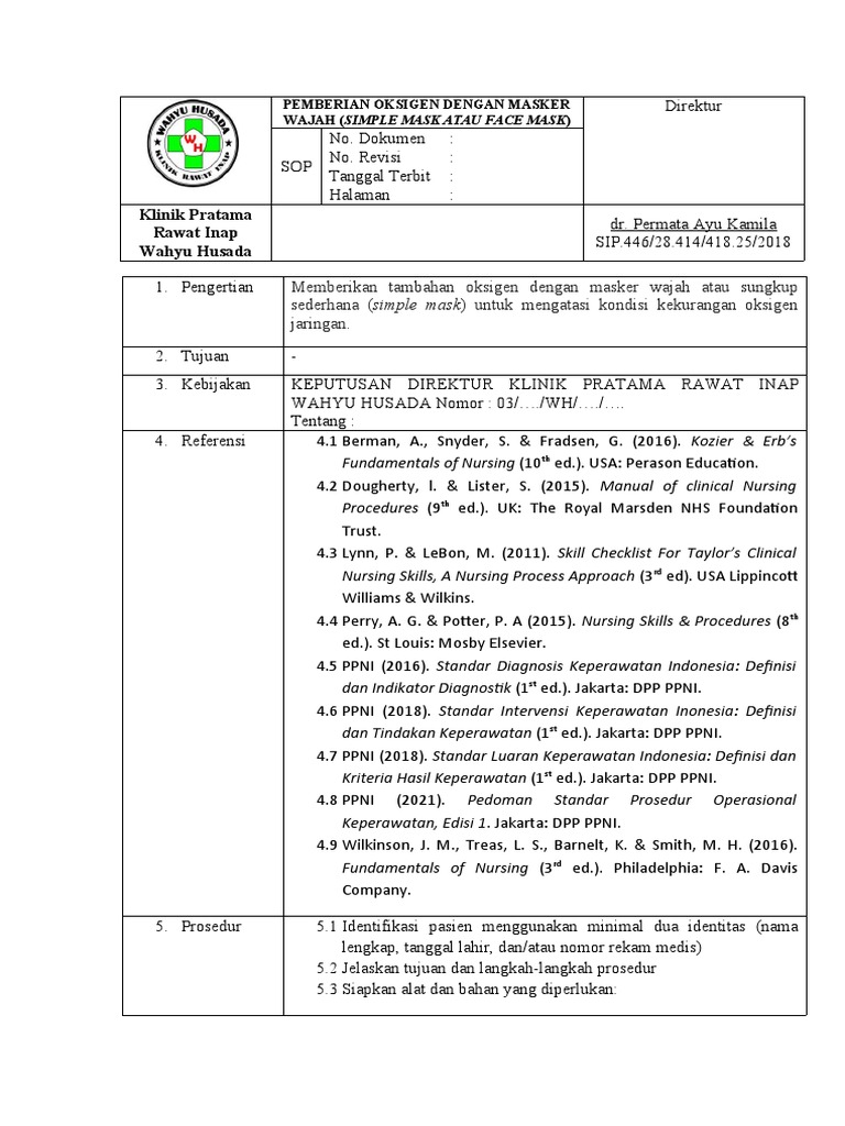 Sop Pemberian Oksigen Dengan Masker Wajah (Simple Mask Atau Face Mask ...