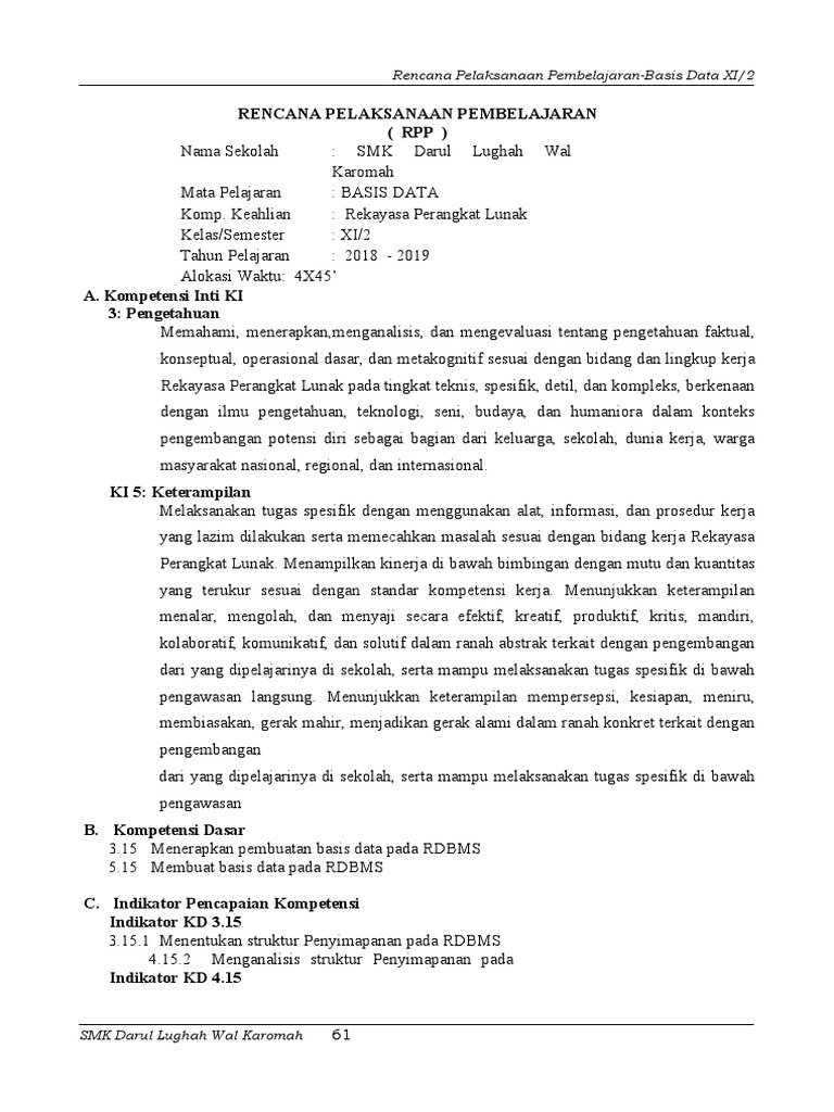 Rencana Pelaksanaan Pembelajaran-Basis Data XI/2 | PDF