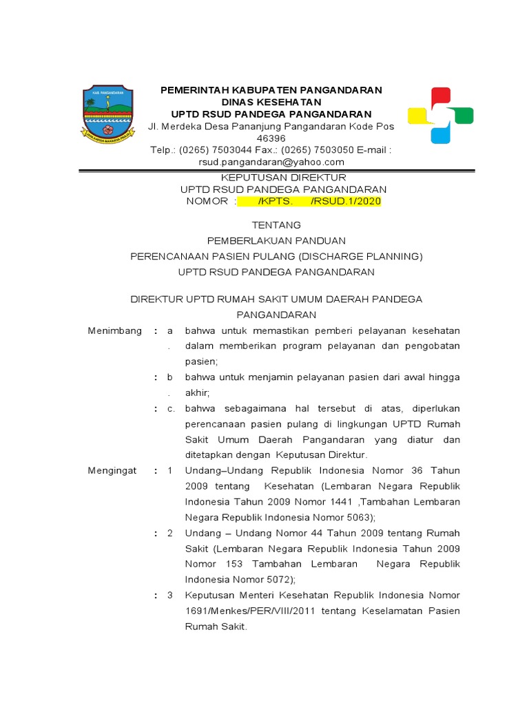 Revisi - SK Panduan Discharge Planning Rsud Pandega Pangandaran | PDF
