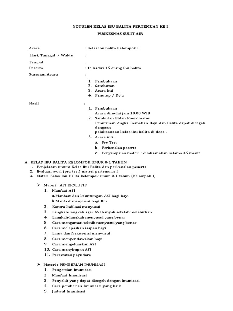 Notulen Kelas Ibu Balita Pertemuan Ke I | PDF