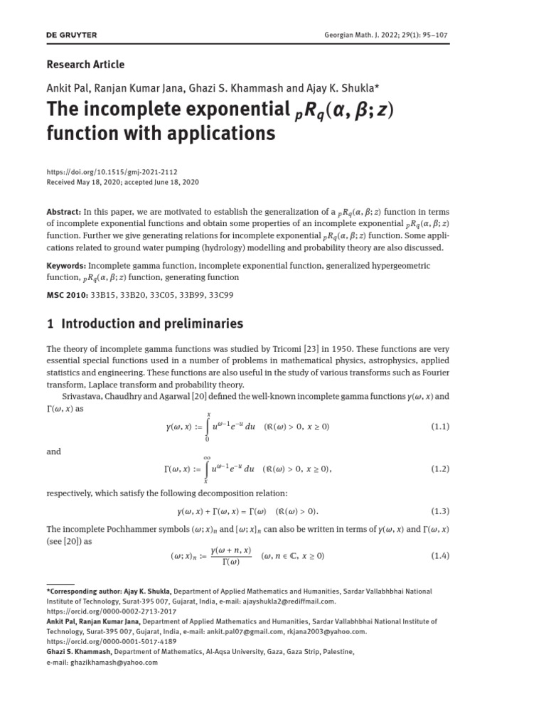 The incomplete exponential pRq (α, β - z) function with applications | PDF | Complex Number ...