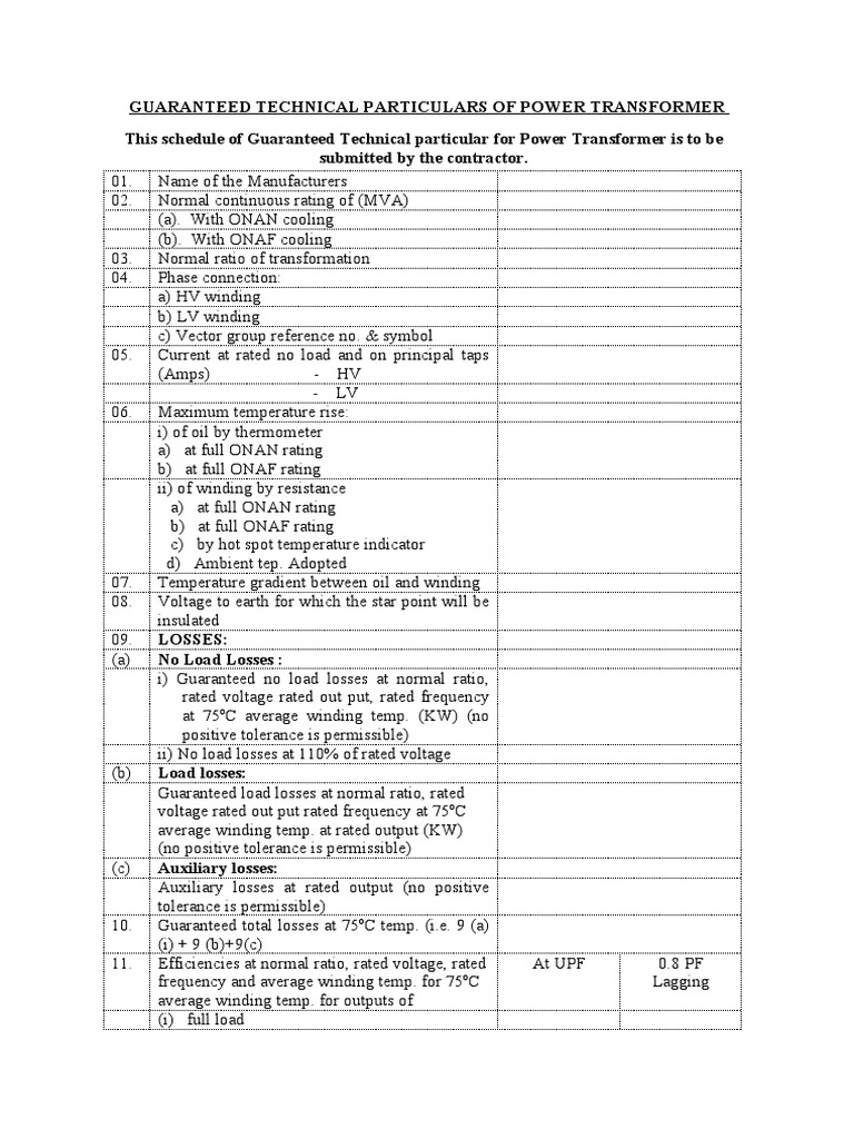 Guaranteed Technical Particulars of Power Transformer | PDF | Transformer | Electrical Impedance