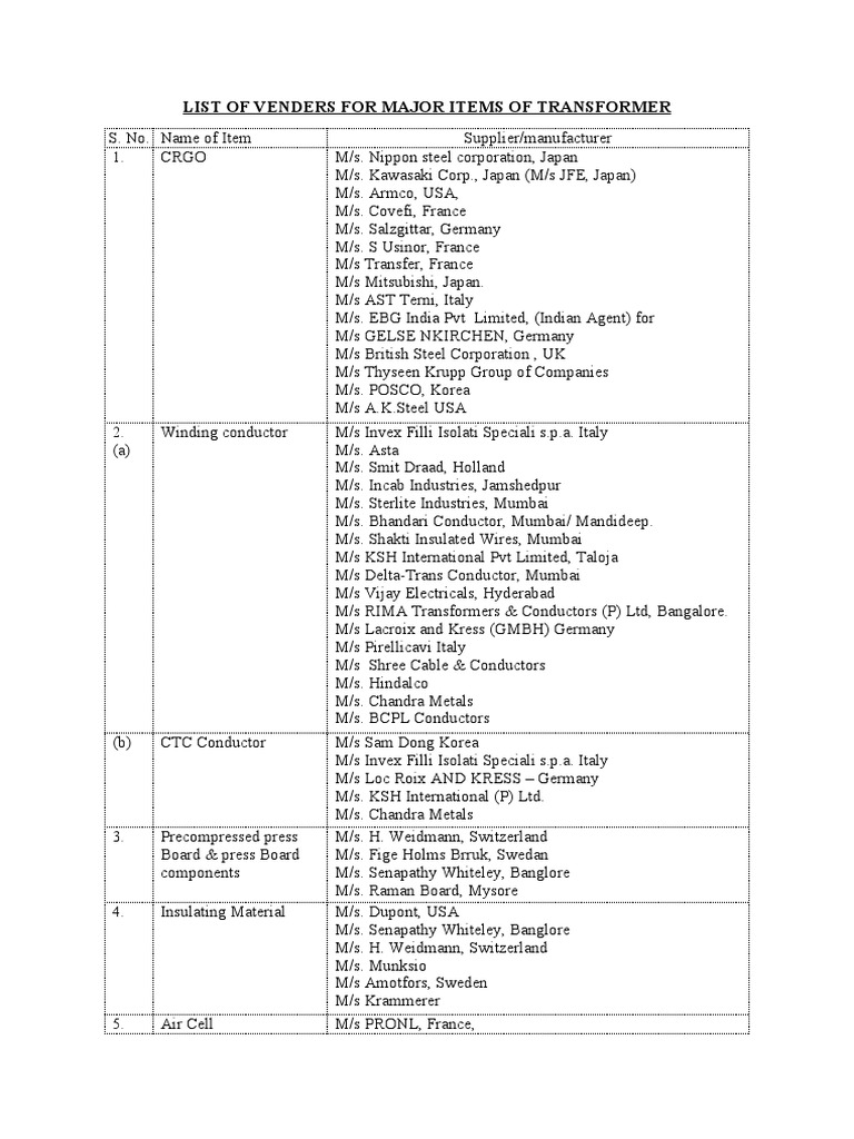 List of Venders For Major Items of Transformer | PDF | Companies